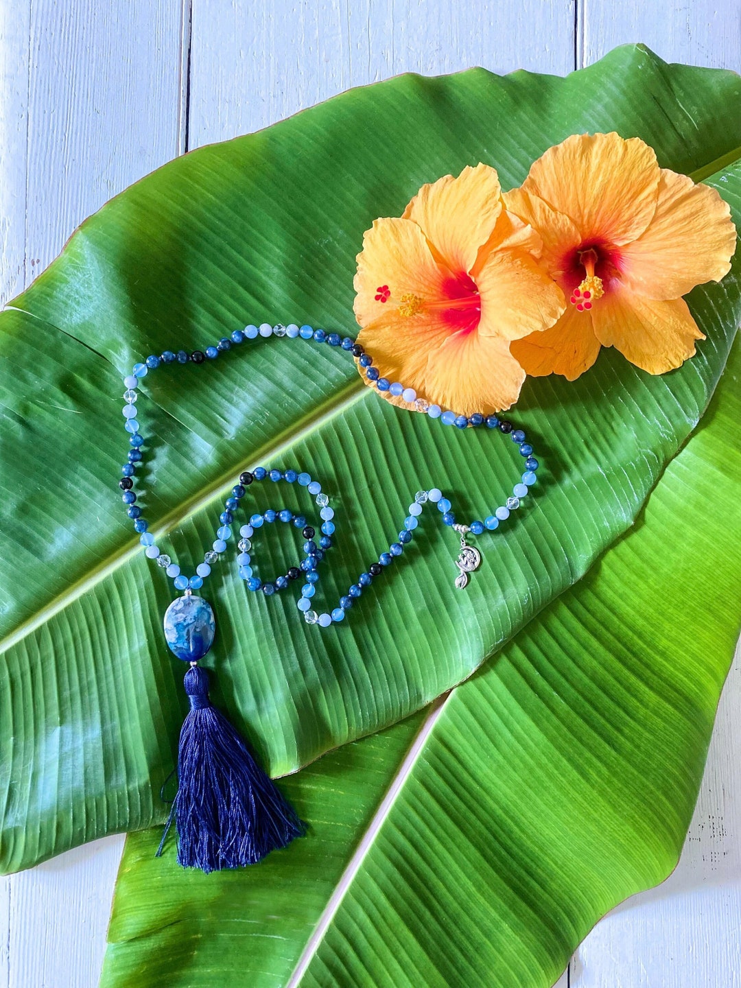 Blue Kyanite Mala Bead Necklace, Ocean Mermaid Prayer Necklace ...