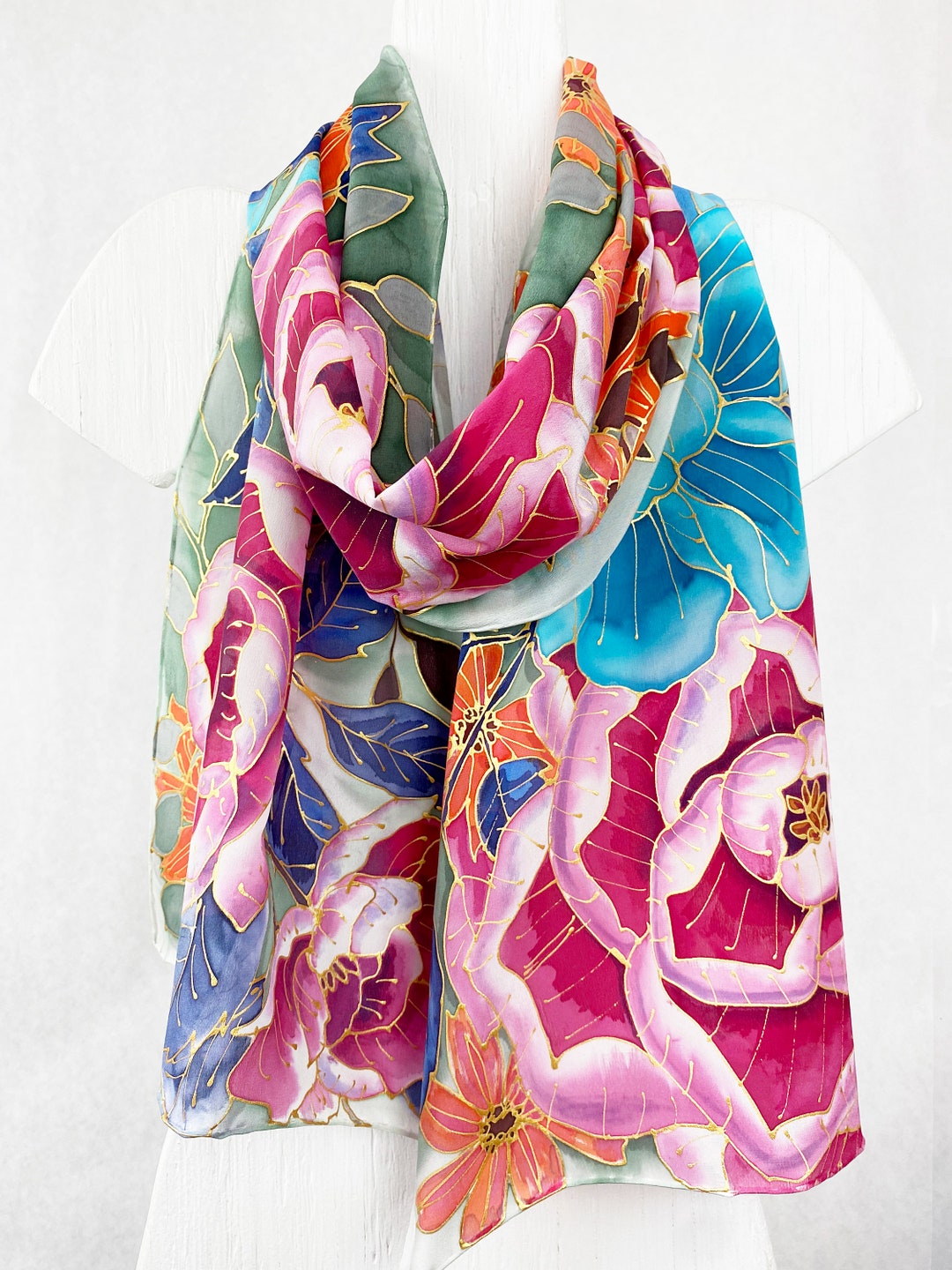 Hand Painted Japanese Silk Scarf for Women, Tokyo Kimono Peony Multi ...
