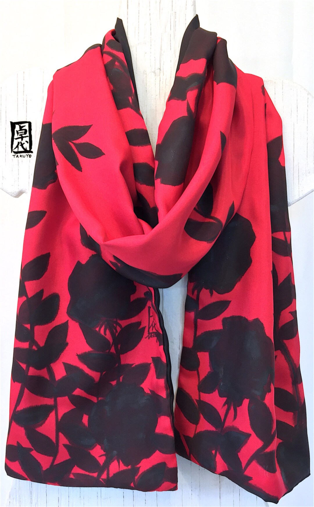 Red Valentine Scarf, Hand Painted Silk Scarf, Scarf Gift, Red and Black ...