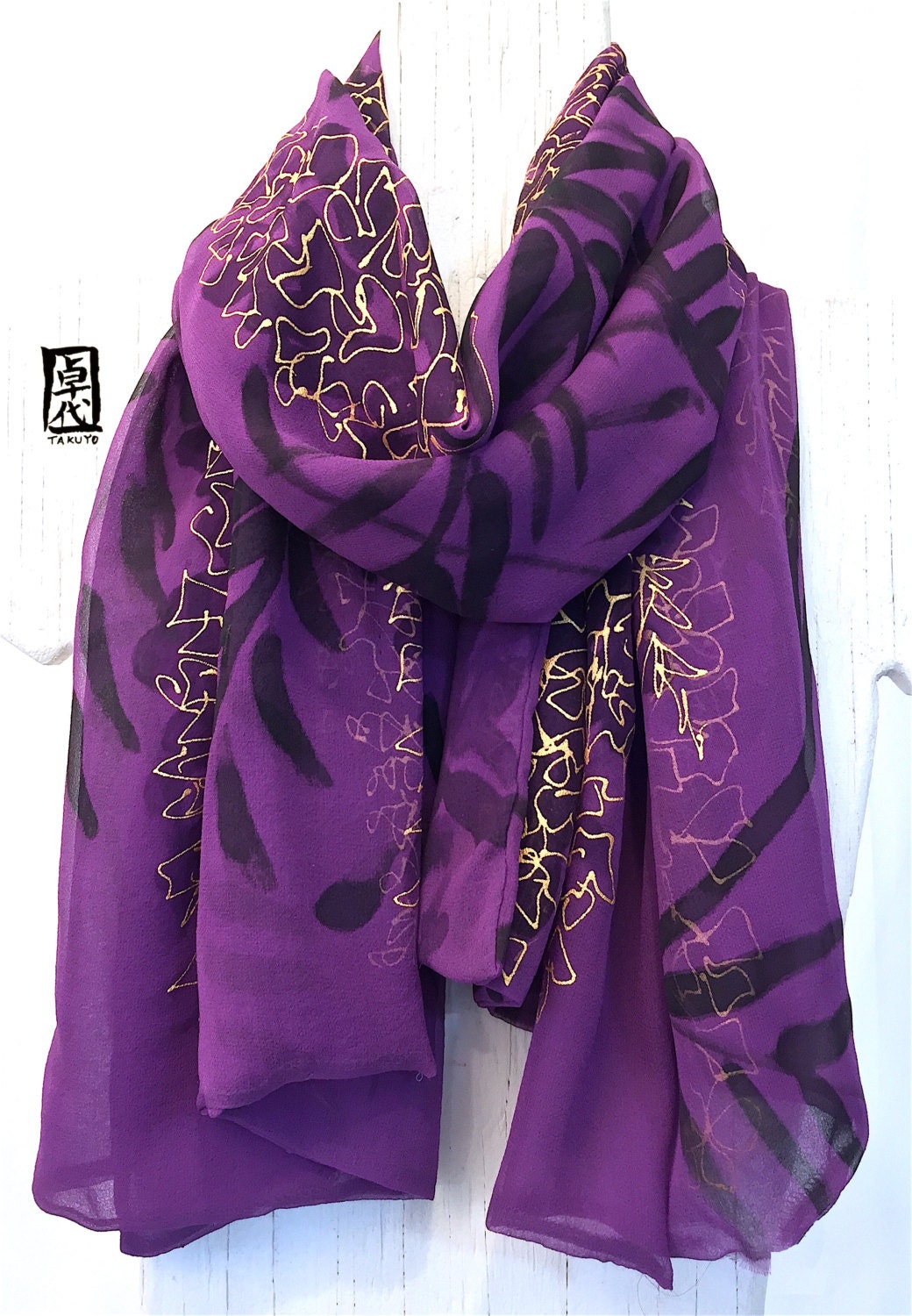 Purple Scarf Silk Scarf Handpainted Japan Scarf Japan Art | Etsy