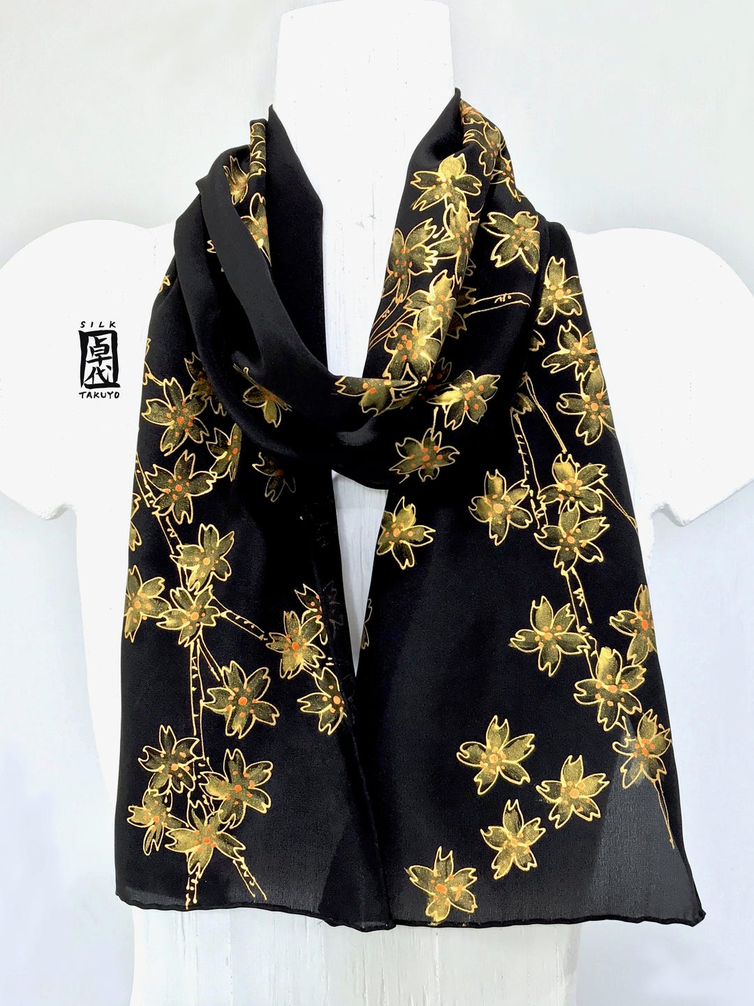 Silk Scarf Women, Black Silk Scarf Handpainted, Japan Scarf, Japan Art ...