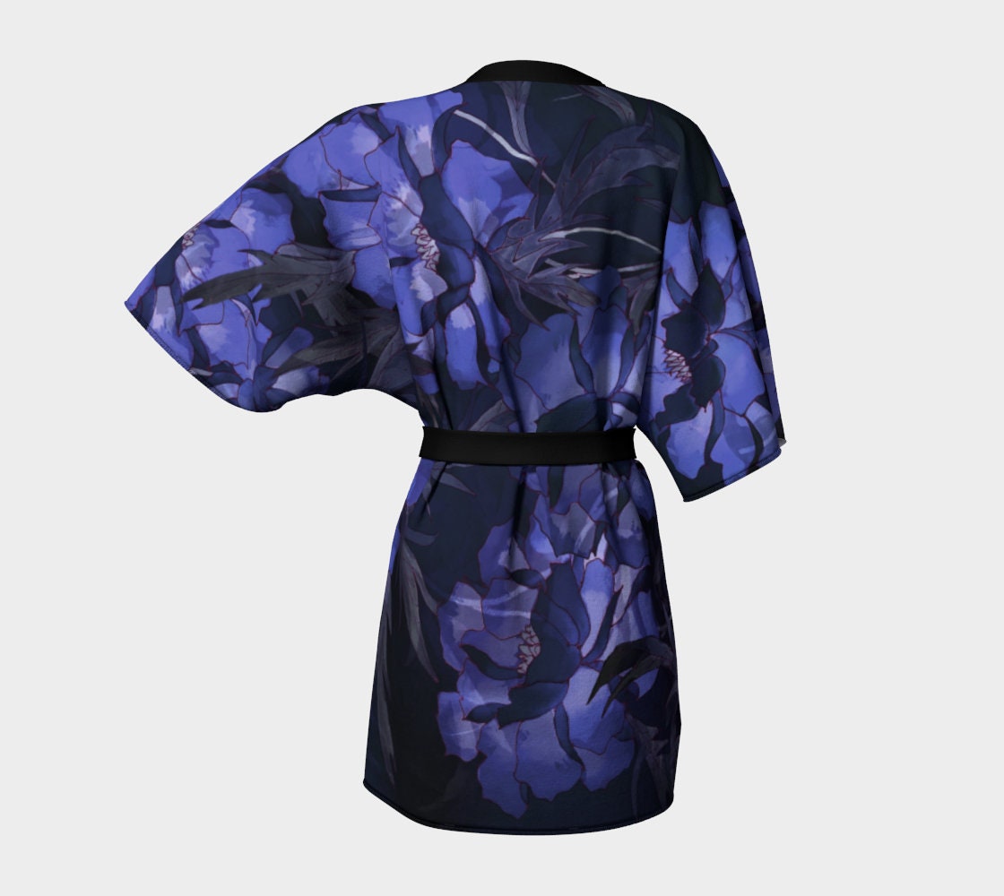 Japanese Kimono Robe Dark Blue Midnight Peony | Etsy