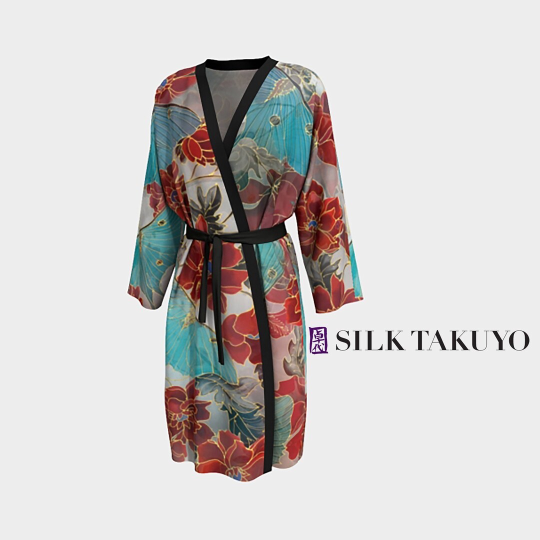 Kimono Robe Long Luna Moth, Moon Goddess, Gray Japanese Robe With Red ...