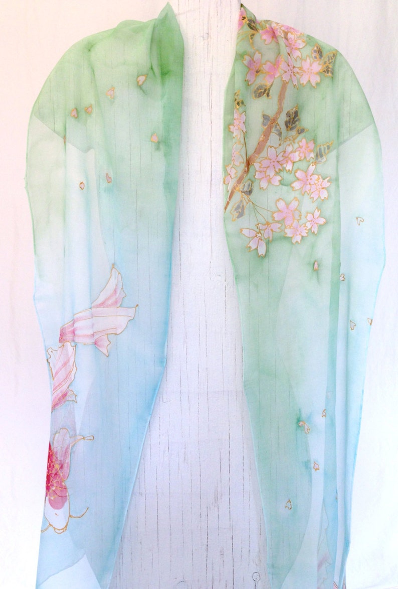 Handpainted Silk Scarf Koi Red Koi Fish With Pink Sakura - Etsy Australia