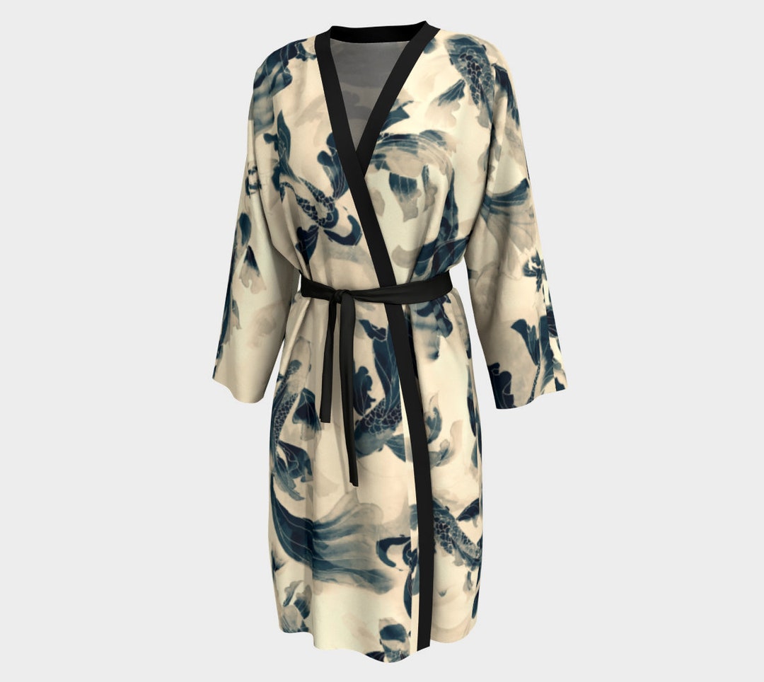 Japanese Kimono Robe Long, Koi Fish Art, Bridesmaids Robe Beige and ...