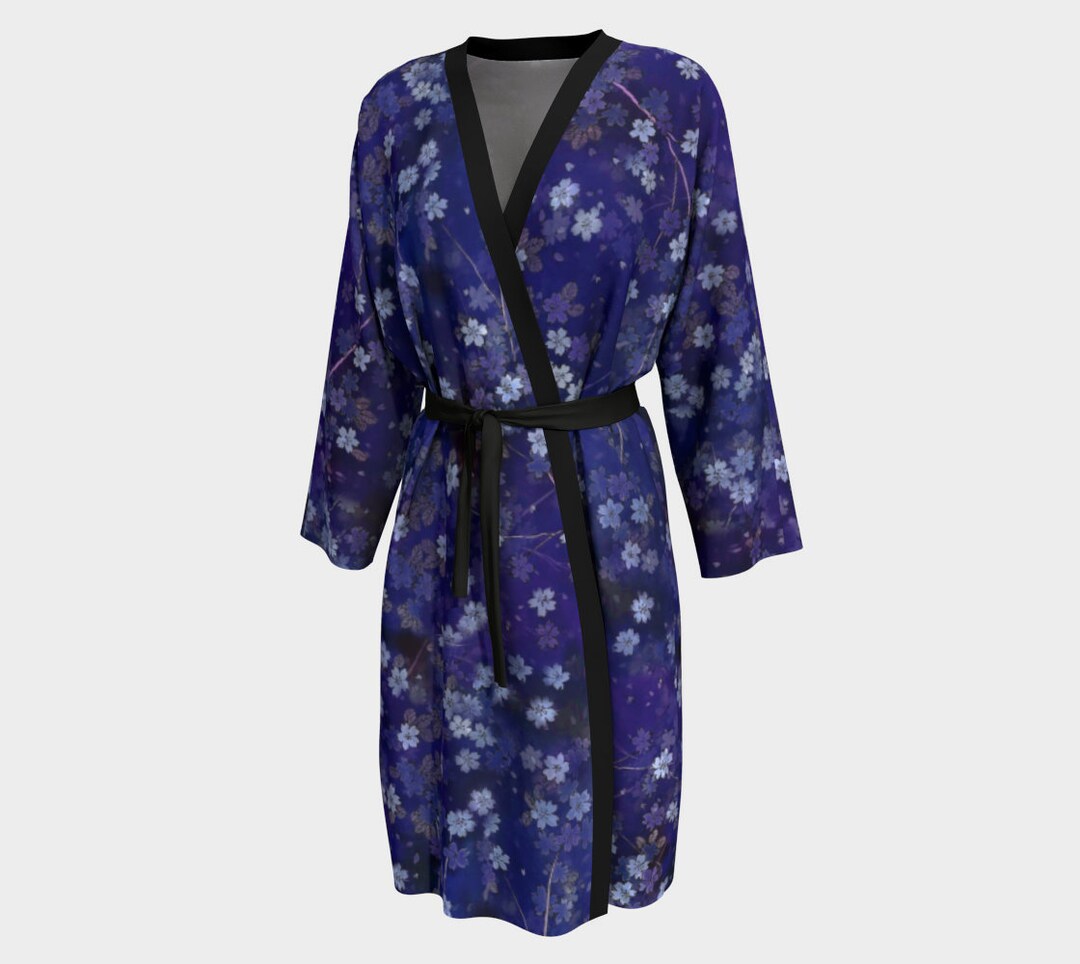 Japanese Long Kimono Robe, Dark Blue Night Sakura Cherry Blossom, Made ...