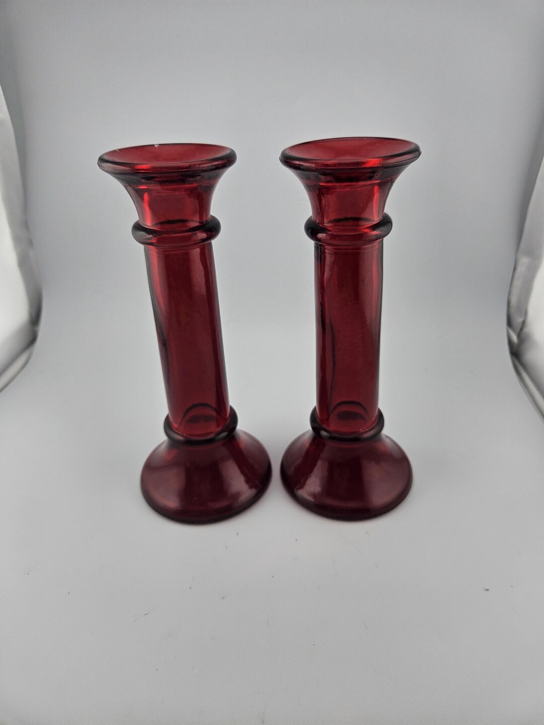 Vintage Ruby Red Art Glass Candle Holders • Mold Blown • Applied Ring ...