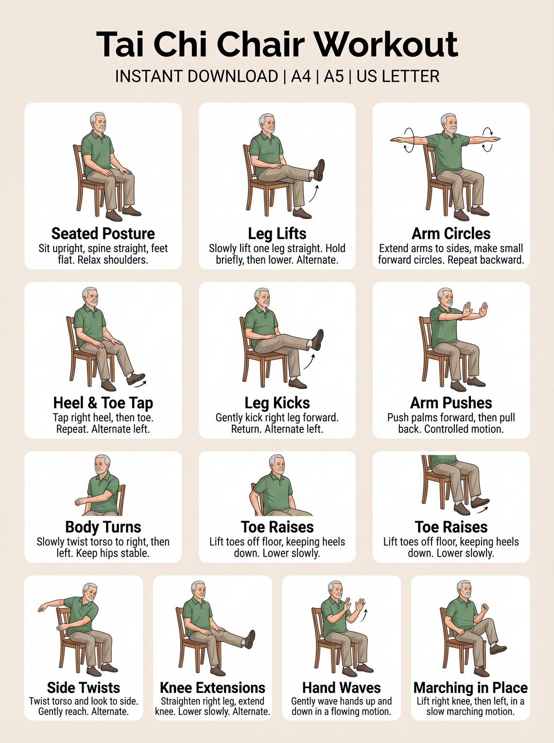 Printable Tai Chi Chair Workout Plan PDF | 7-day Seated Exercise Chart ...