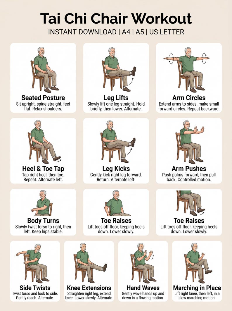 Printable Tai Chi Chair Workout Plan PDF | 7-day Seated Exercise Chart ...