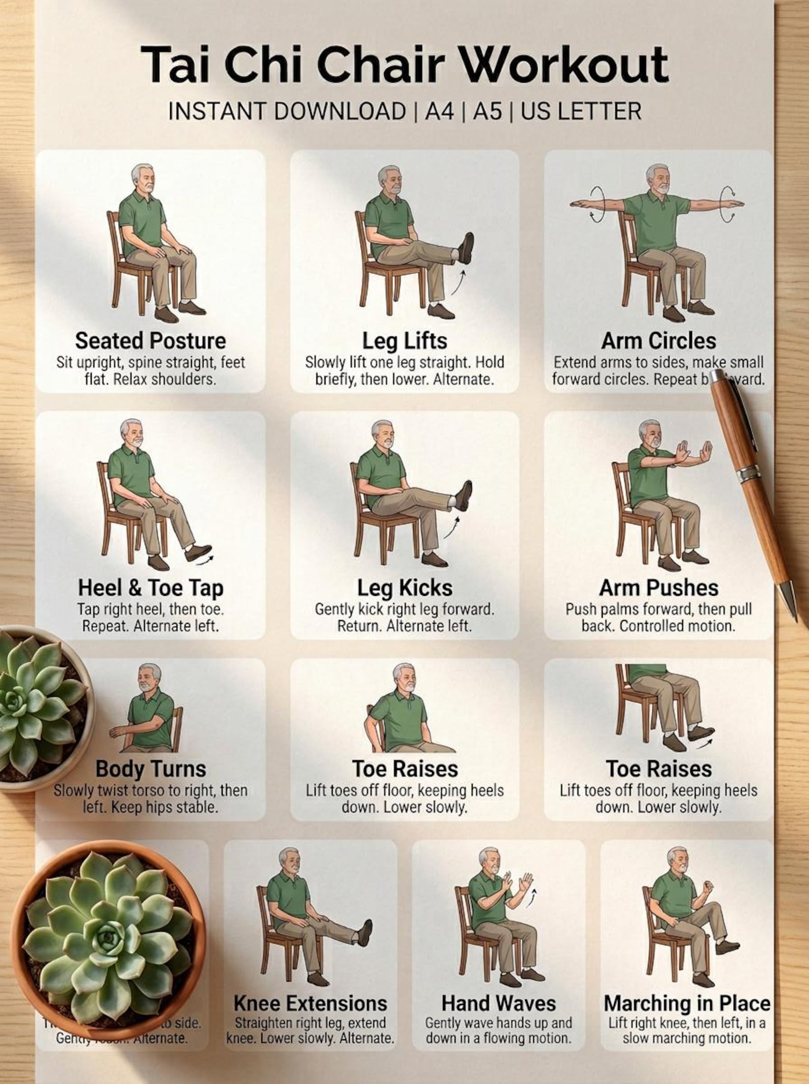 Printable Tai Chi Chair Workout Plan PDF | 7-day Seated Exercise Chart ...