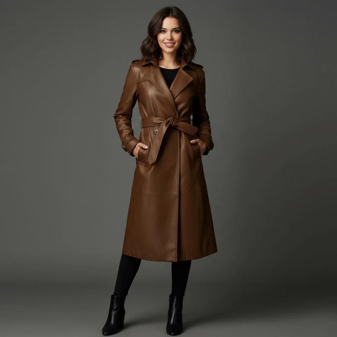 Women’s Brown Real Leather Trench Coat Long Vintage Classic Overcoat ...