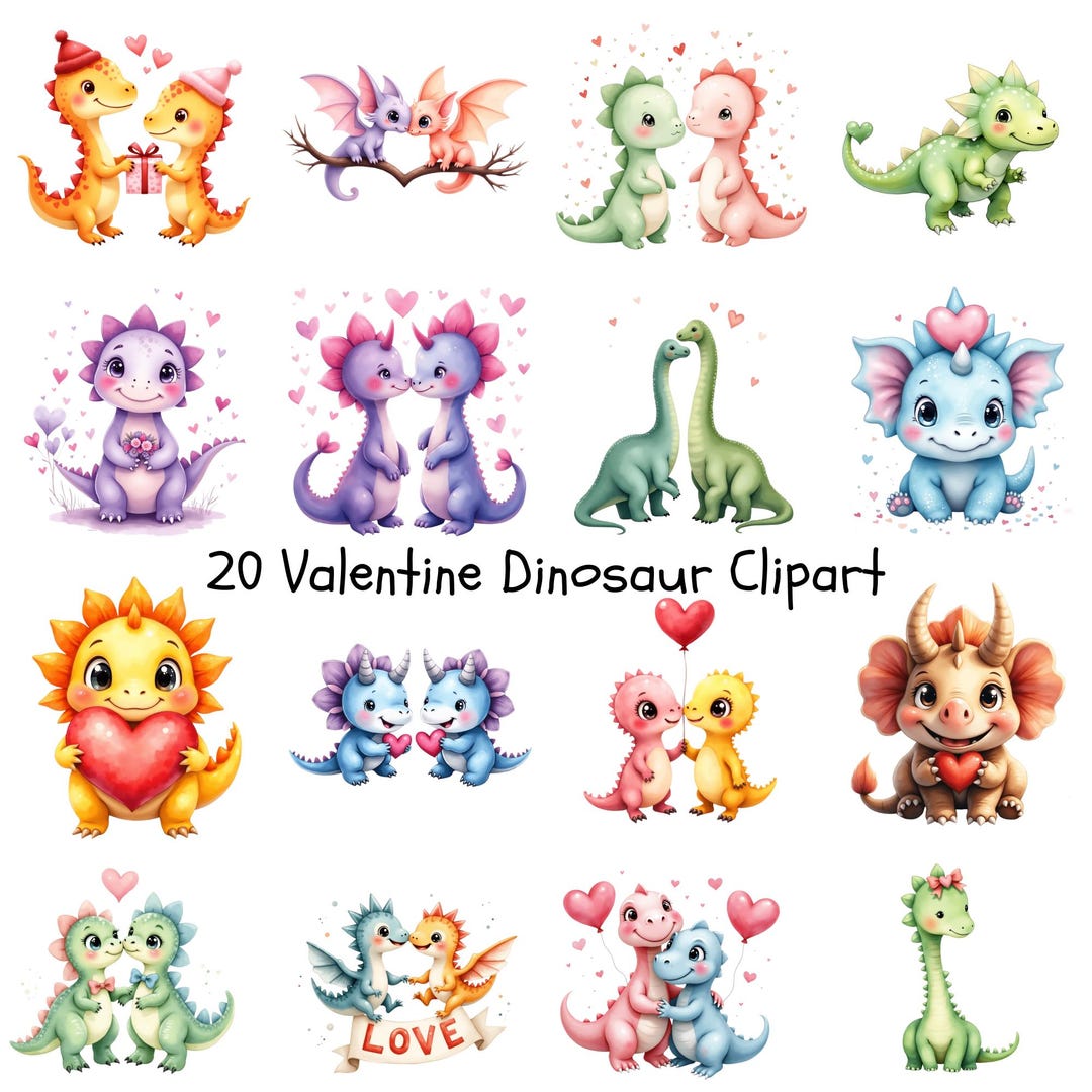 Valentine Dinosaur Clipart PNG | 20 Cute Dino Valentines | Commercial ...