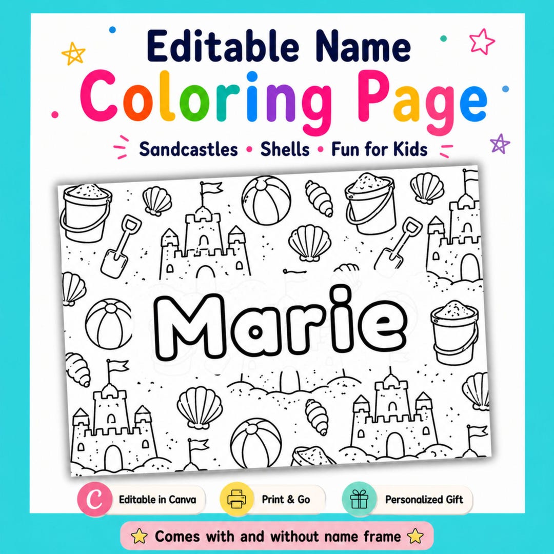 Editable Name Coloring Page | Beach Sandcastle Printable for Kids ...