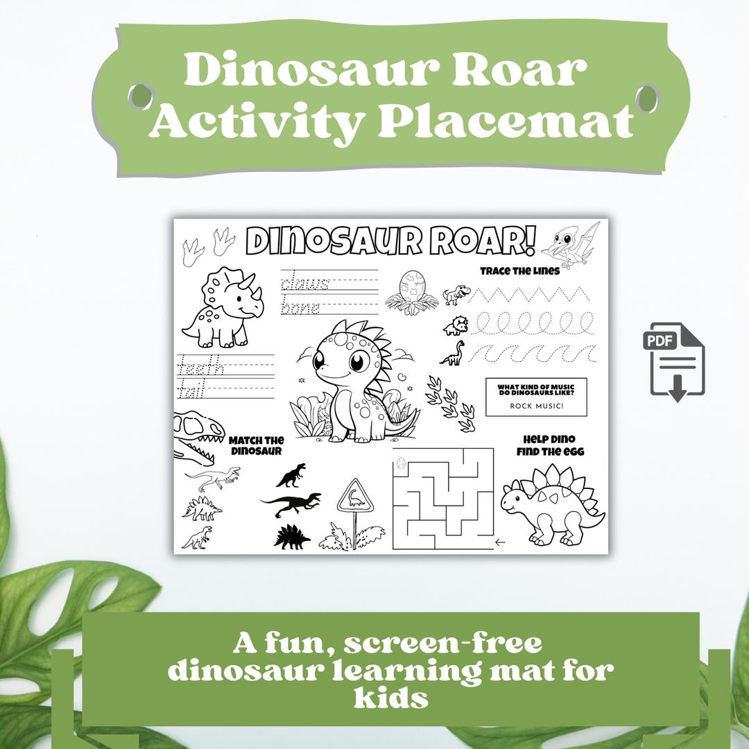 Dinosaur Activity Placemat for Kids, Printable Dinosaur Learning Mat ...