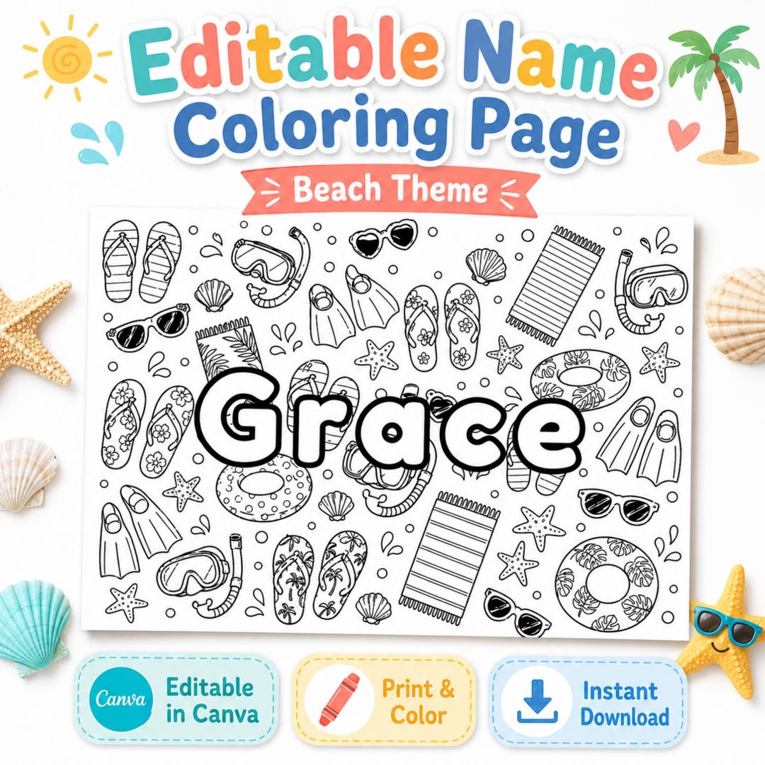 Editable Name Coloring Page | Beach Theme Kids Printable | Personalized ...