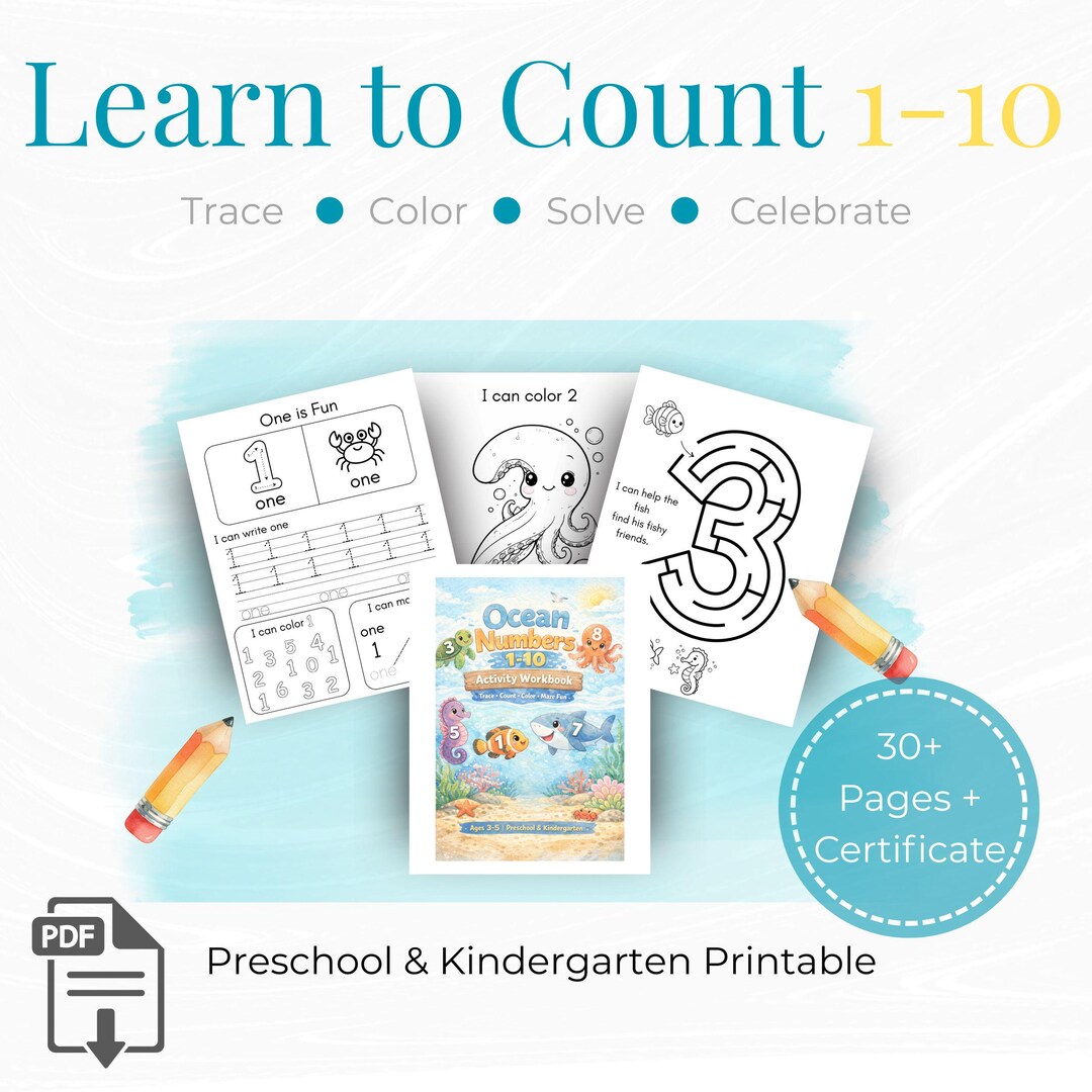 Ocean Number Activity Book 1-10 Printable, Preschool Math Workbook ...