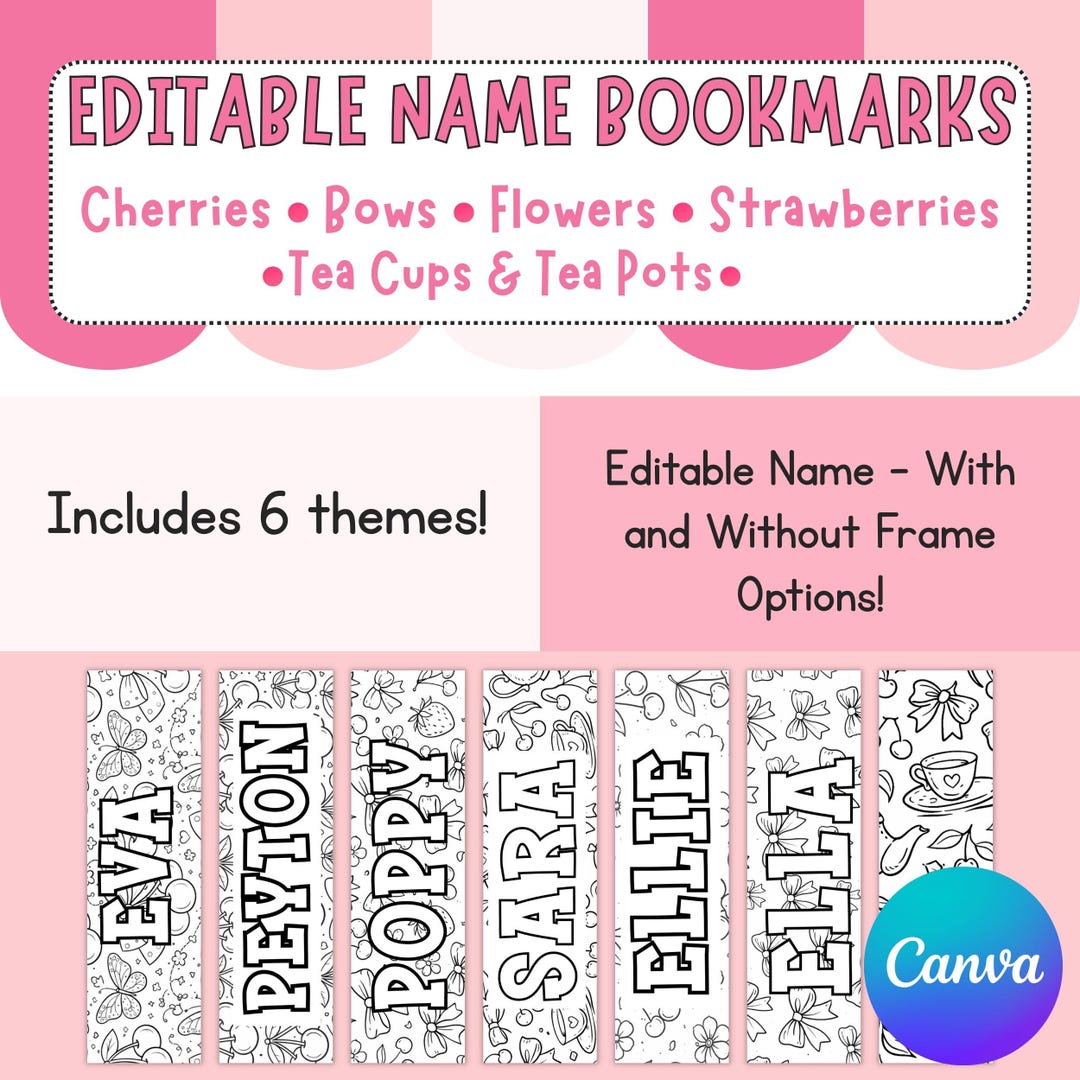 Editable Name Coloring Bookmarks Printable | Cherry, Bow, Strawberry ...