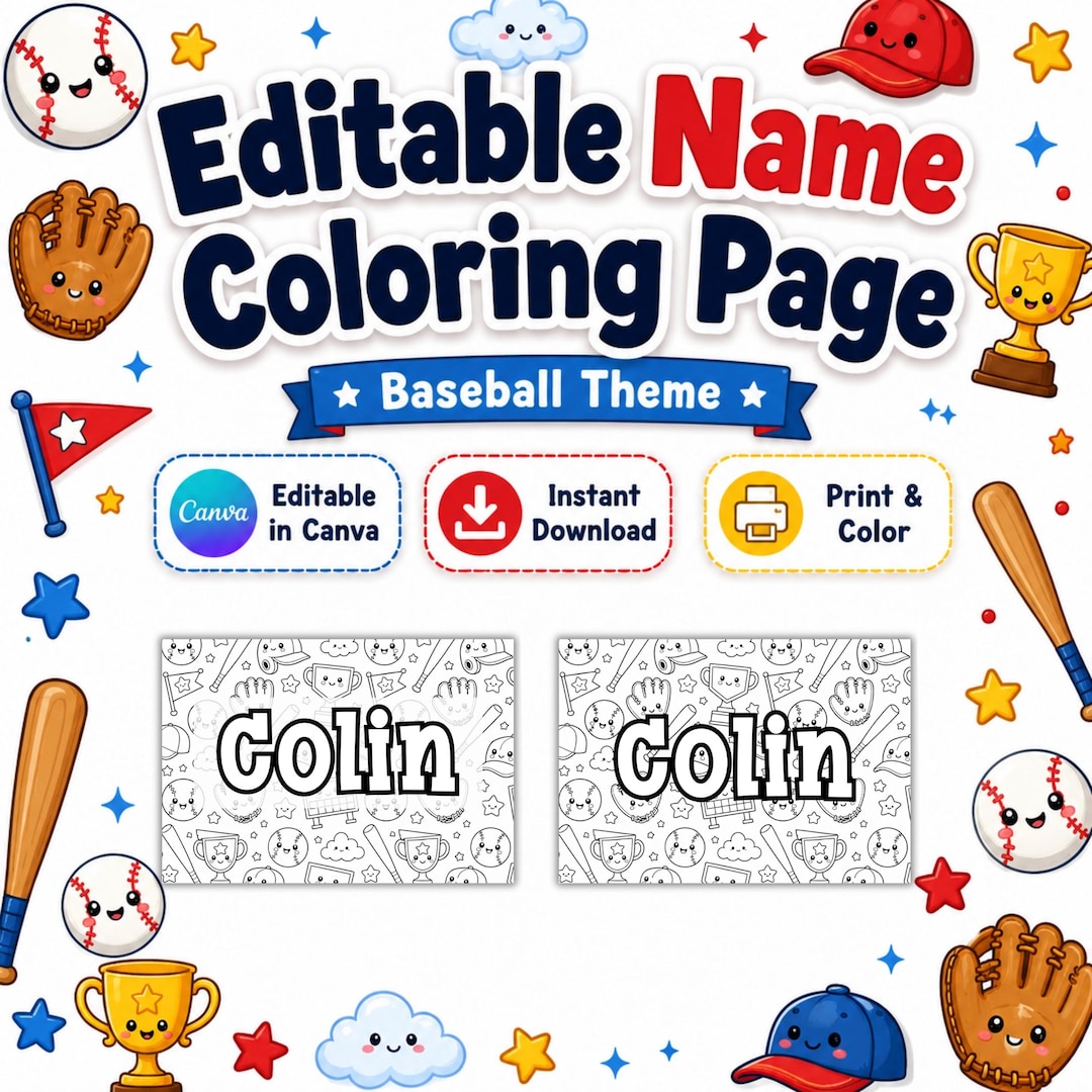 Editable Baseball Name Coloring Page | Personalized Sports Coloring ...