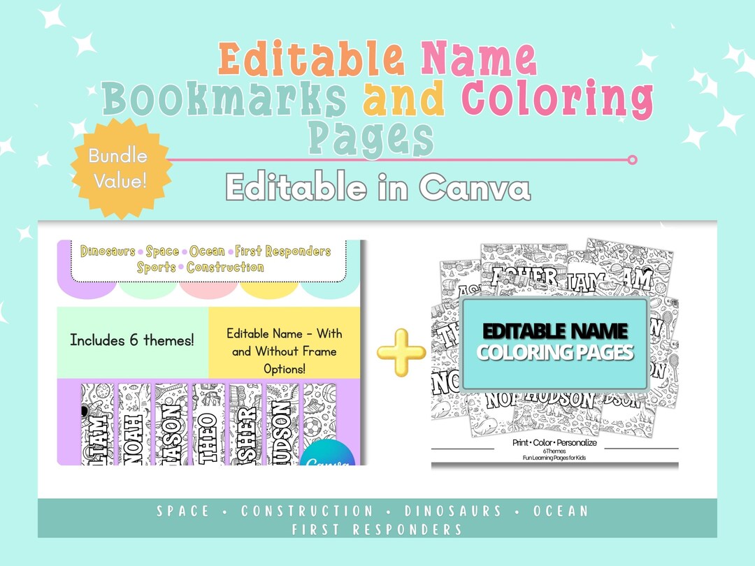 Editable Name Coloring Pages & Bookmarks Bundle | Kids Adventure ...