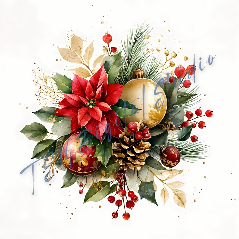 8 Christmas Bouquet Clipart, Flowers, Wall Art, Christmas Cards I High ...