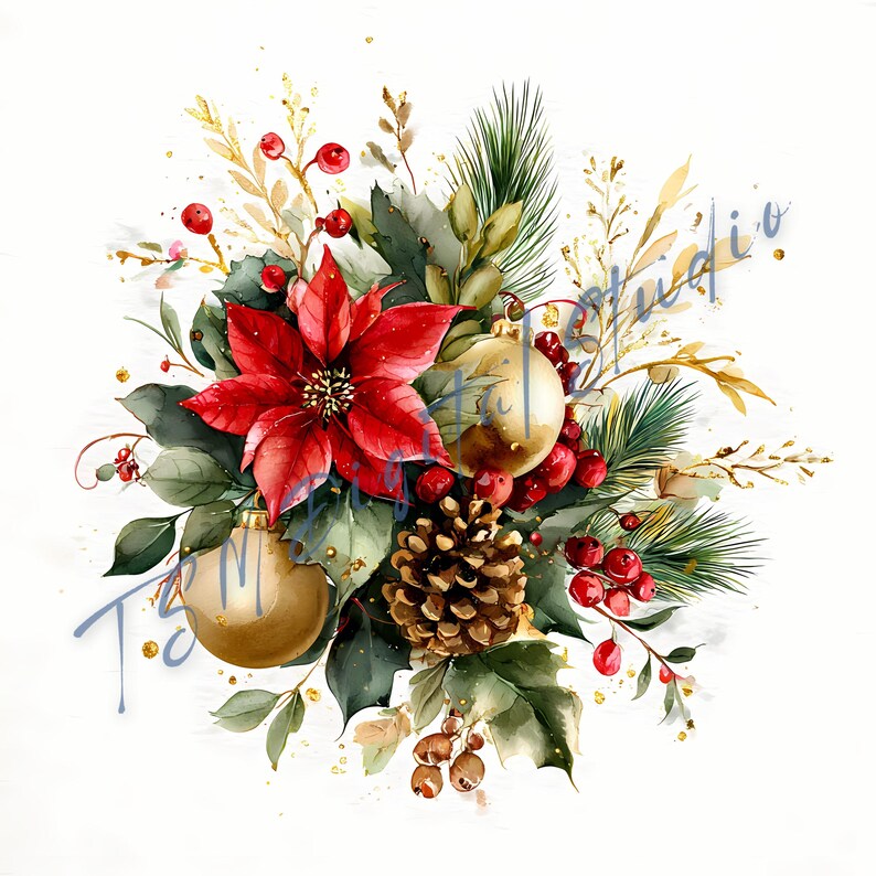 8 Christmas Bouquet Clipart, Flowers, Wall Art, Christmas Cards I High ...