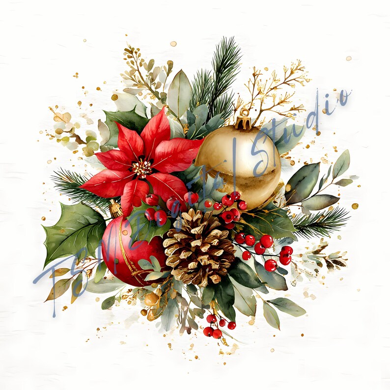 8 Christmas Bouquet Clipart, Flowers, Wall Art, Christmas Cards I High ...