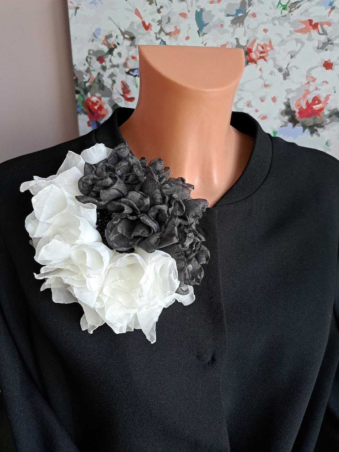 Large Flower Brooch Elegant Brooch Dark Gray White Fabric Brooch ...