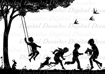 Children Playing Boys Summer Day Silhouette - Digital Image - Vintage ...