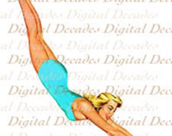 Woman Diver Swim Pool Digital Image Vintage Illustration | Etsy