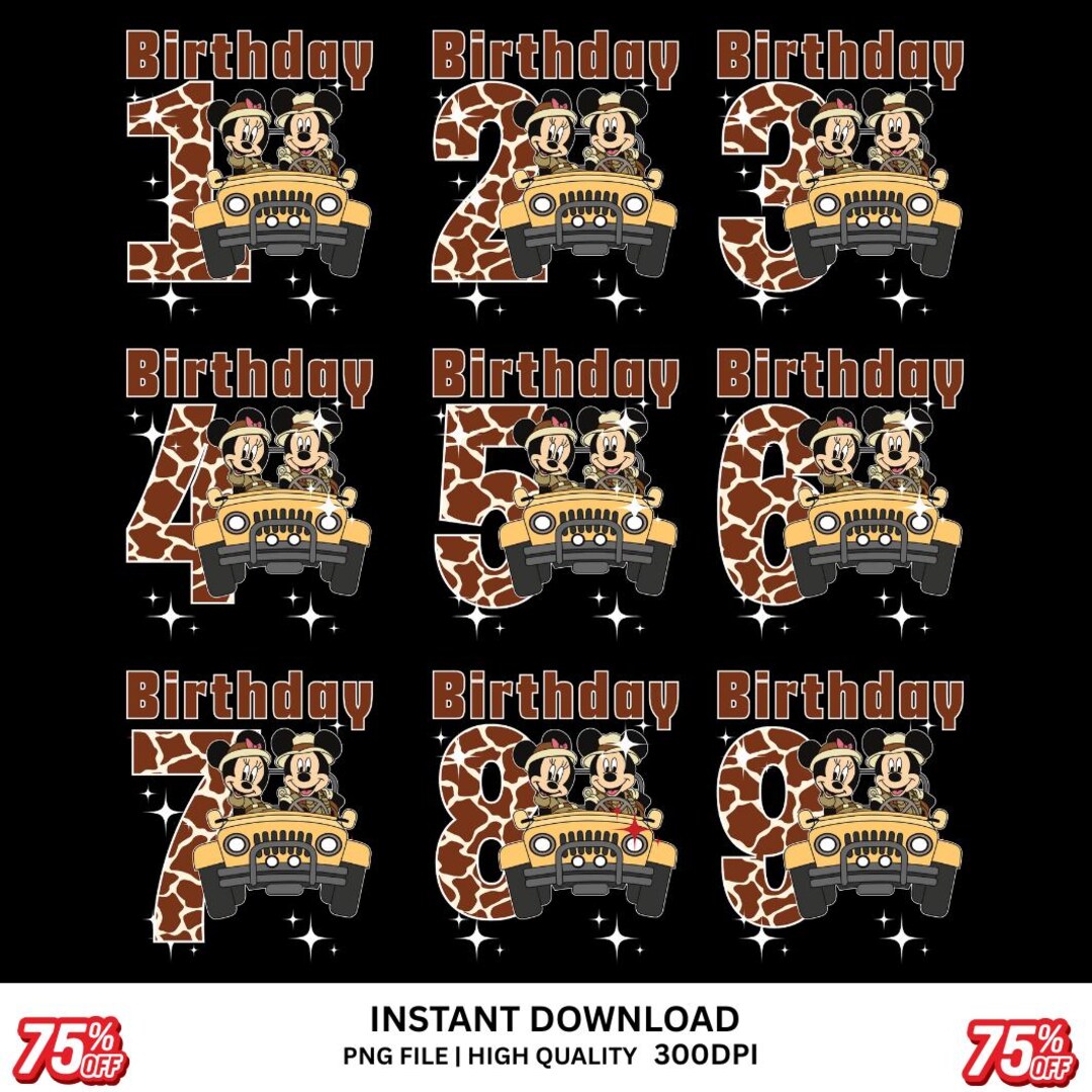 Safari Birthday Numbers, Mickey & Minnie Jeep, Jungle Theme (digital ...