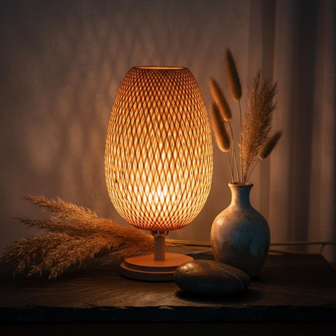 Bamboo Table Lamp With Wood Base | Japandi Style Bedside Light | Boho ...