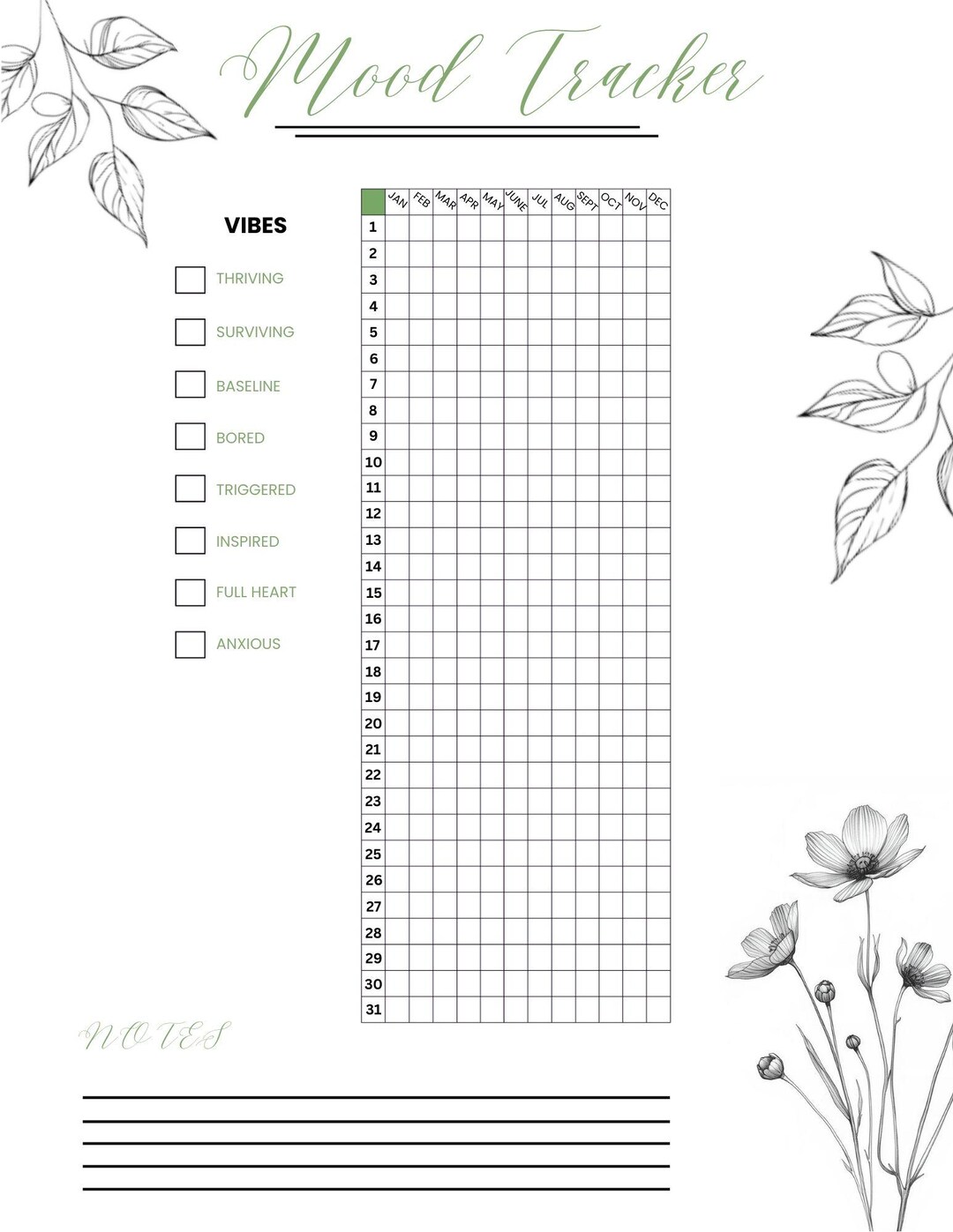 Mood Tracker Printable PDF | Botanical Self Care Mood Log | Green ...