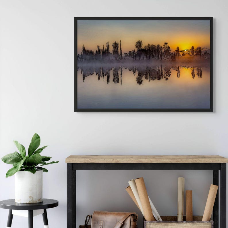 Misty Sunrise Reflections – Brushed Style Art | Serene Lake Landscape ...