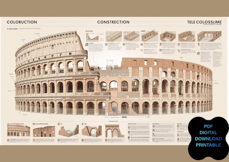 Colosseum Construction Poster Printable, Roman Architecture Horizontal ...