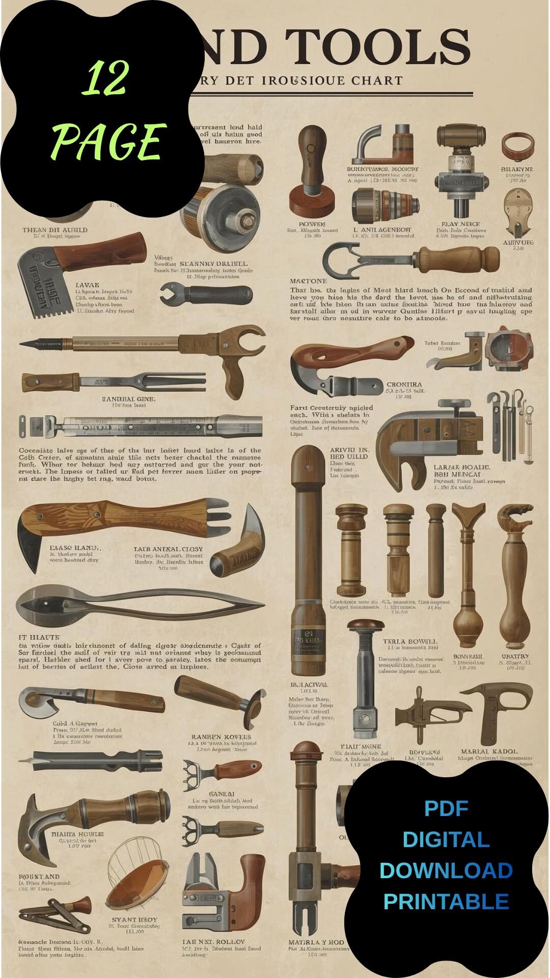 Vintage Hand Tools Chart Set, 12 Vertical Printable Posters, Workshop ...