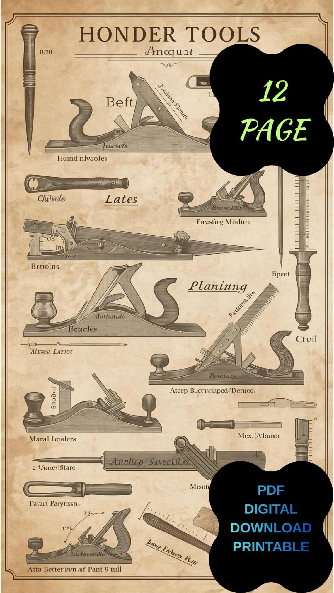 Vintage Hand Tools Chart Set, 12 Vertical Printable Posters, Workshop ...