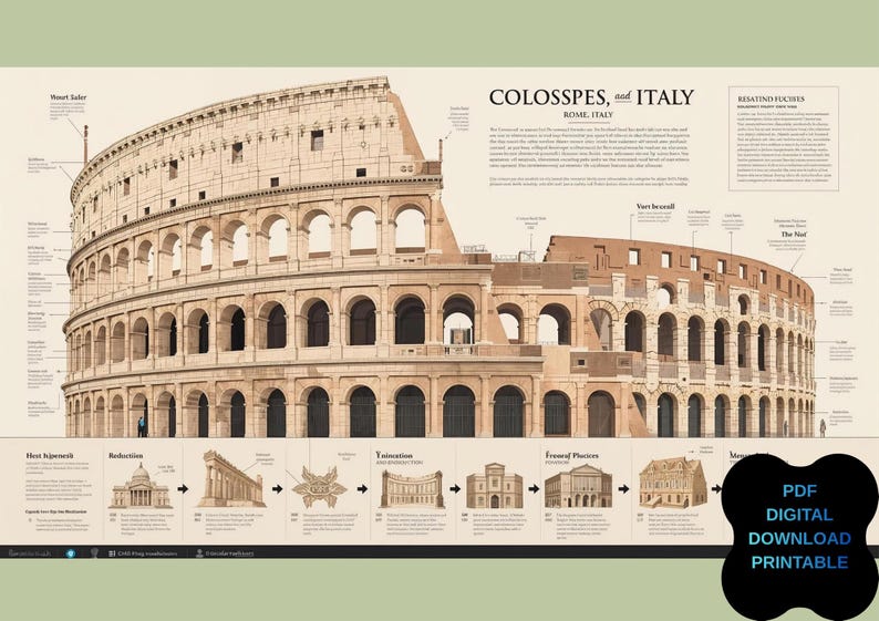 Colosseum Construction Poster Printable, Roman Architecture Horizontal ...