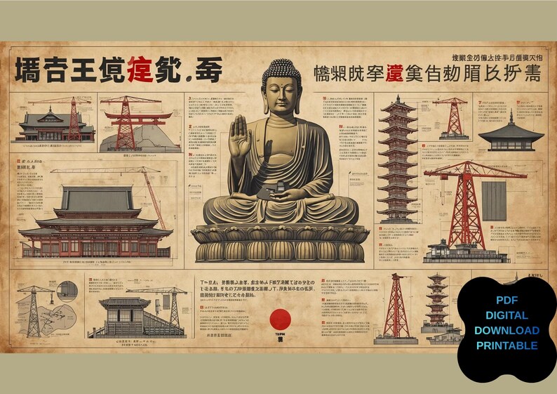 Todai-ji Temple Great Buddha Construction Poster Printable, Japanese ...
