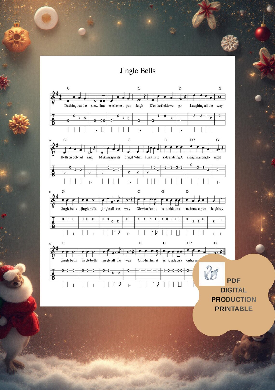 Christmas Sheet Music Printable | Jingle Bells Guitar Notes | Holiday ...