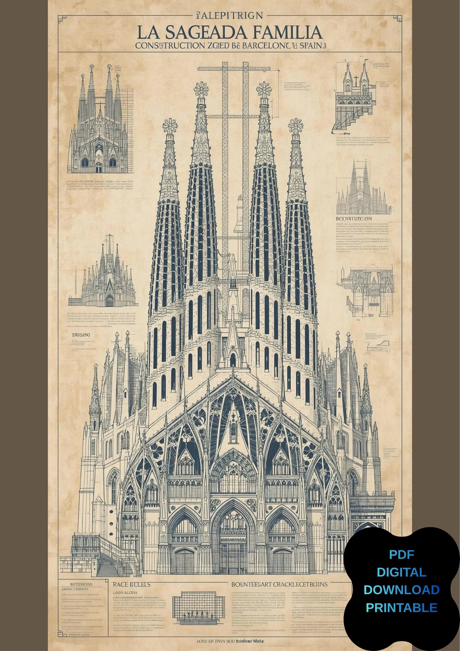 Sagrada Familia Building Process Wall Art, Gaudi Architecture Poster ...