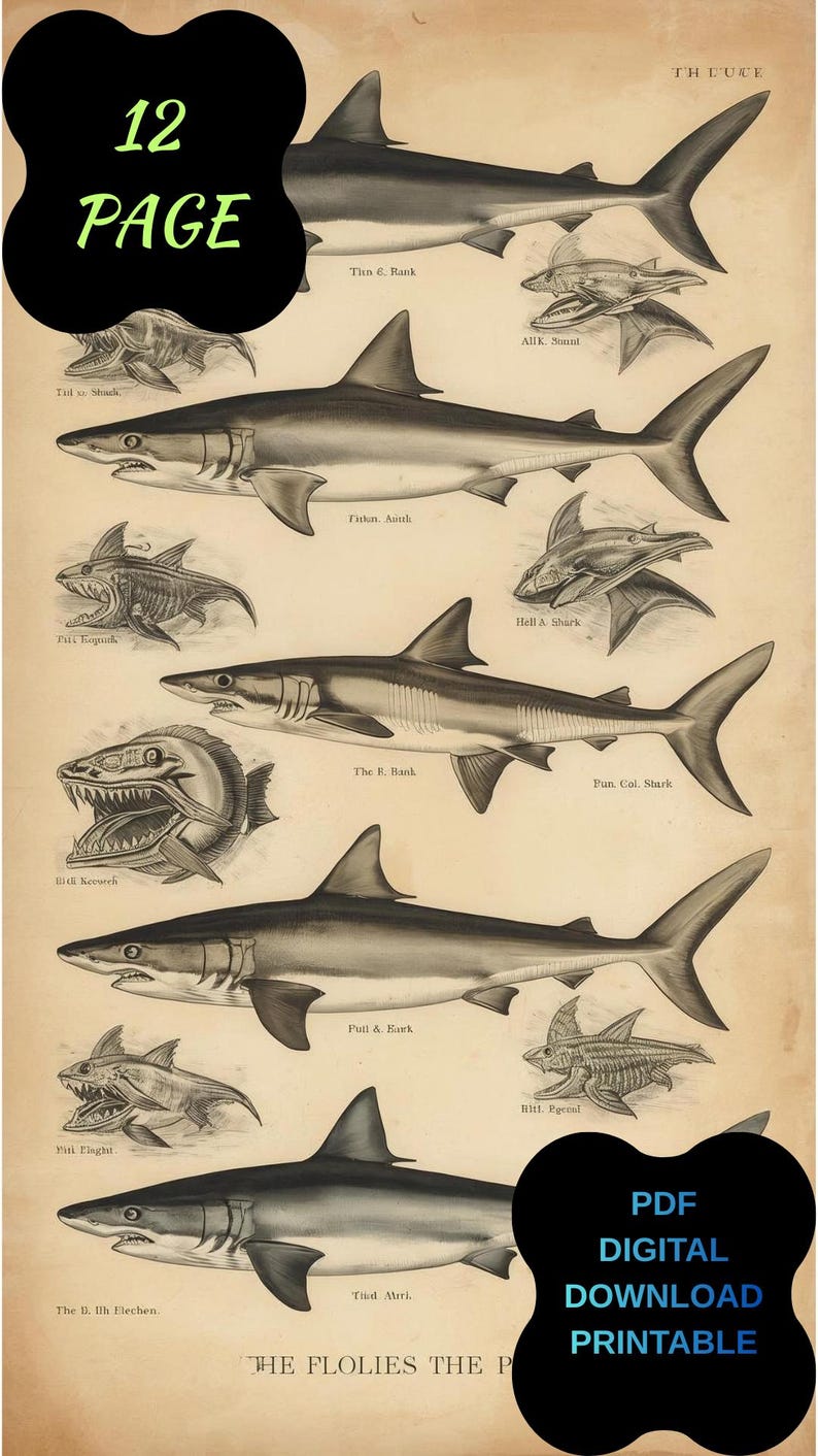Types of Sharks Vintage Poster, Famous Sharks Vertical Educational ...