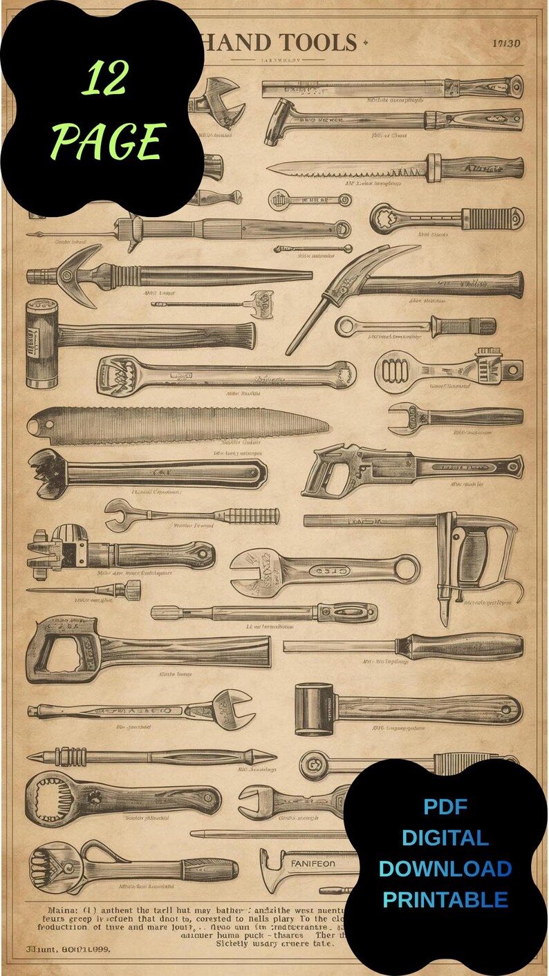 Vintage Hand Tools Chart Set, 12 Vertical Printable Posters, Workshop ...