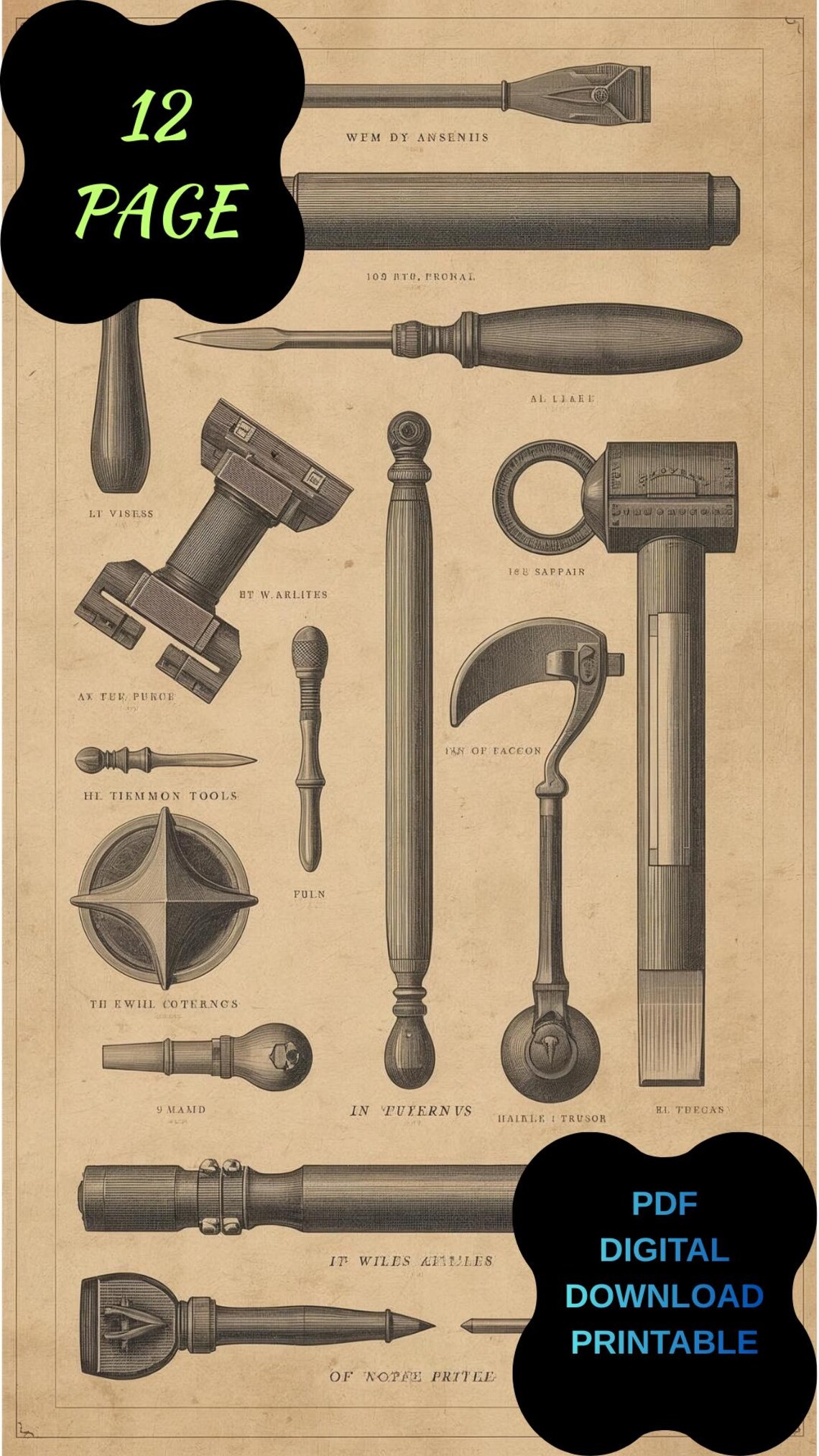 Vintage Hand Tools Chart Set, 12 Vertical Printable Posters, Workshop ...