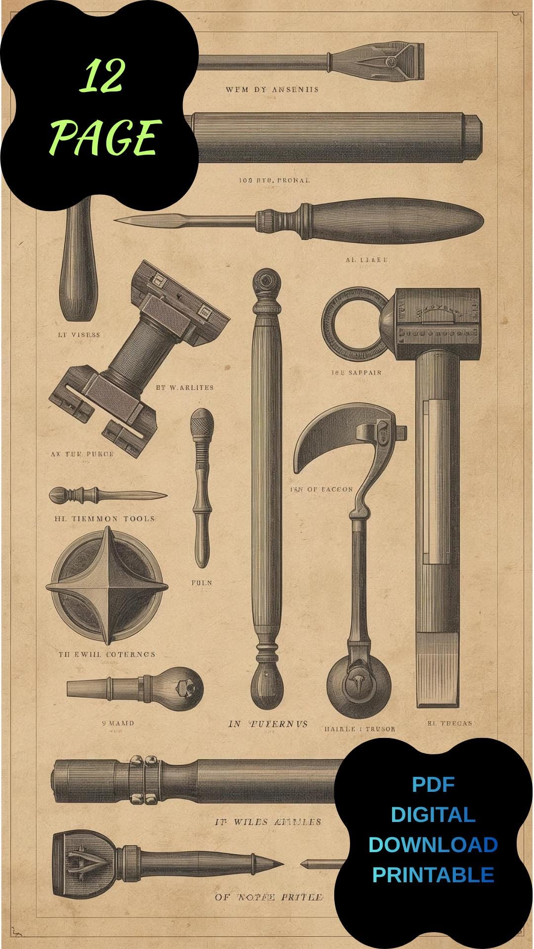 Vintage Hand Tools Chart Set, 12 Vertical Printable Posters, Workshop ...