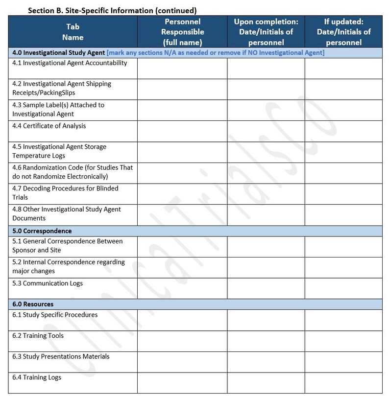 Clinical Trial Study Site Binder (SSB) Checklist Template for Non-ind ...