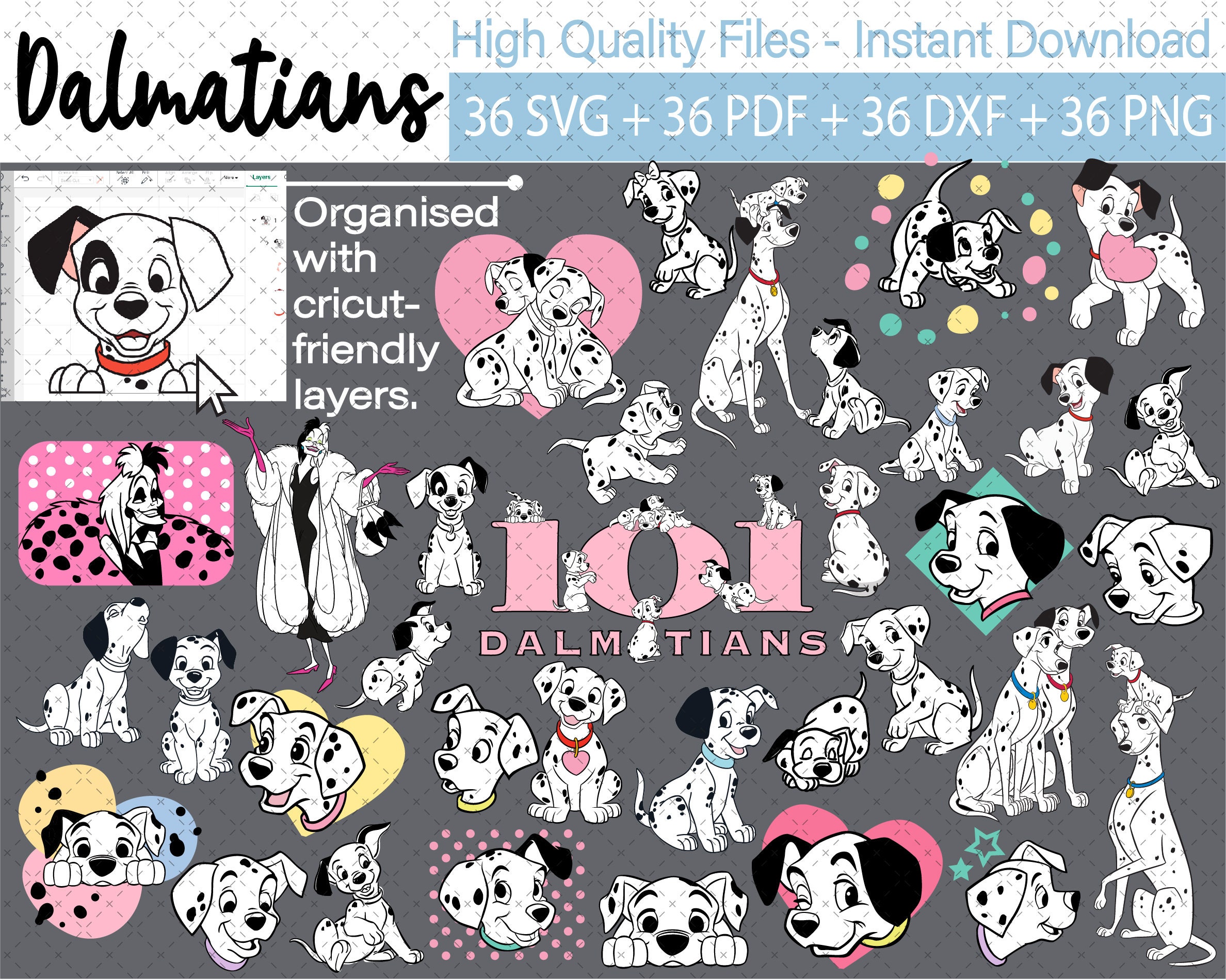 36 Digital Dalmatians Design for Cutting Machine, Sublimation, Printing. Layered Svg ...