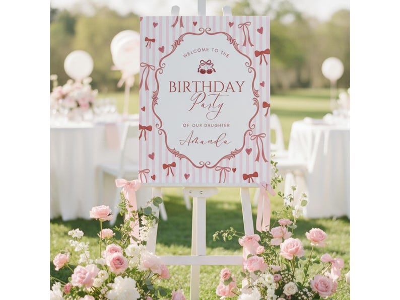 Coquette Birthday Welcome Sign, Pink Bow Party Decor (16x20 Printable ...