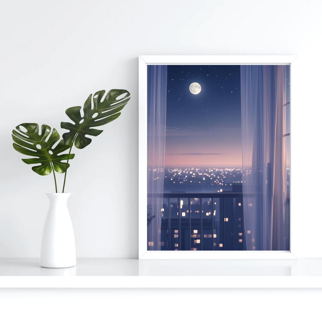 Dreamcore Moonlit Balcony Wall Art – Cozy Night Aesthetic Digital Print ...