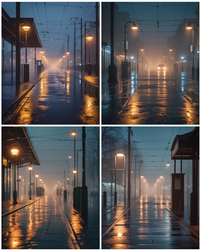 Cinematic Dreamcore Rainy Tram Stop Wall Art – Moody Night Aesthetic ...