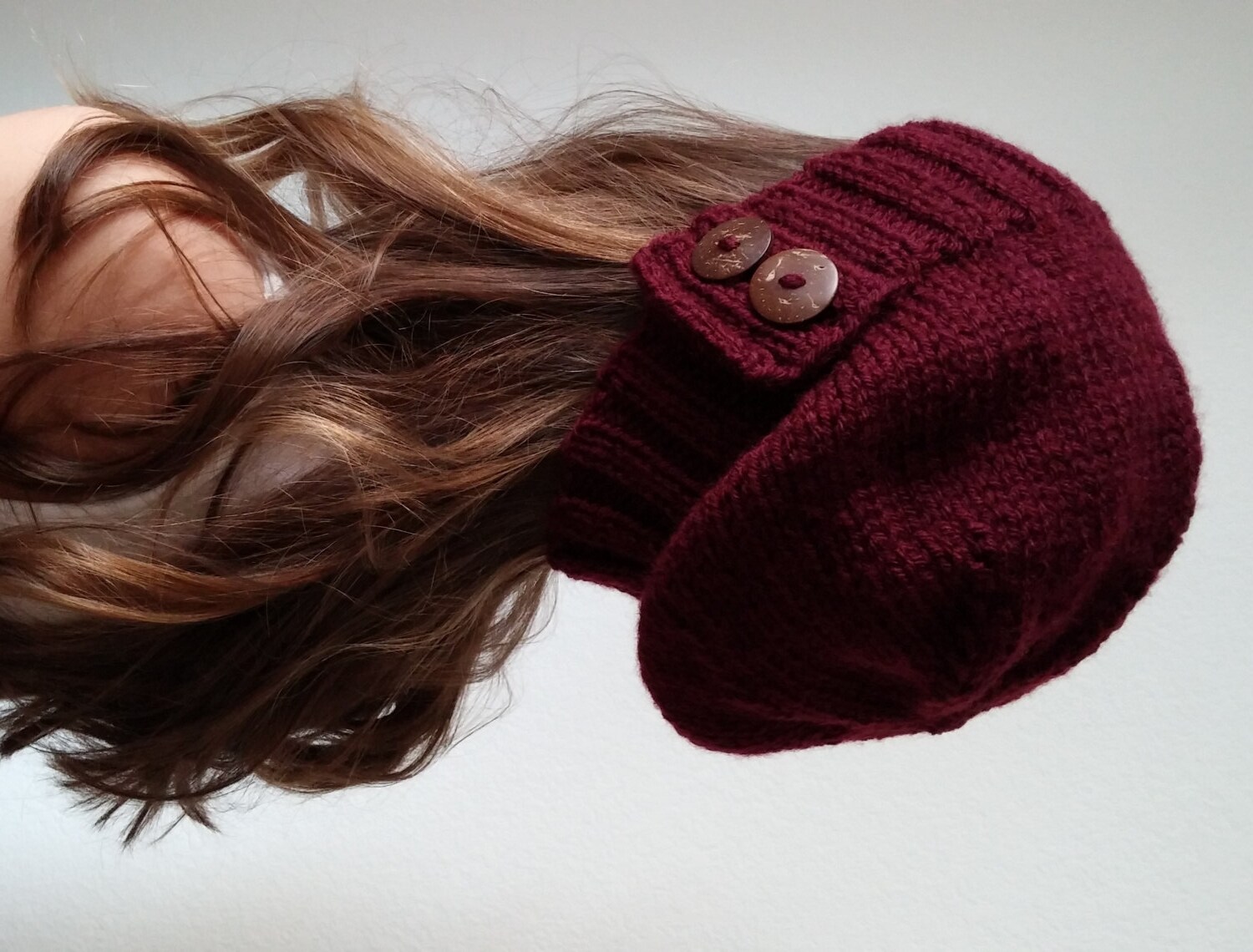 Knit slouchy hat with button/s BURGUNDY more colors | Etsy